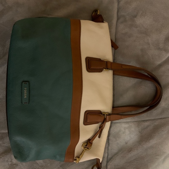 Fossil | Bags | Fossil Womens Teal And Cream Leather Tote Bag W Key ...